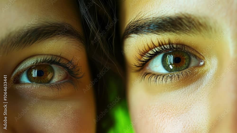 Two young women with brown eyes stare intensely at the viewer ...