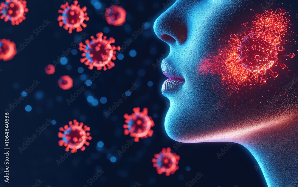 Side view of face with virus particles in soft focus, symbolizing ...