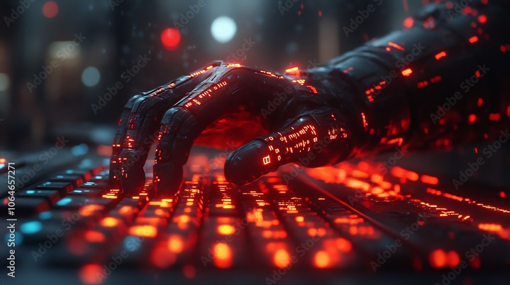 Hand covered digital gloves typing on a keyboard with dangerous red binary code streaming down ...