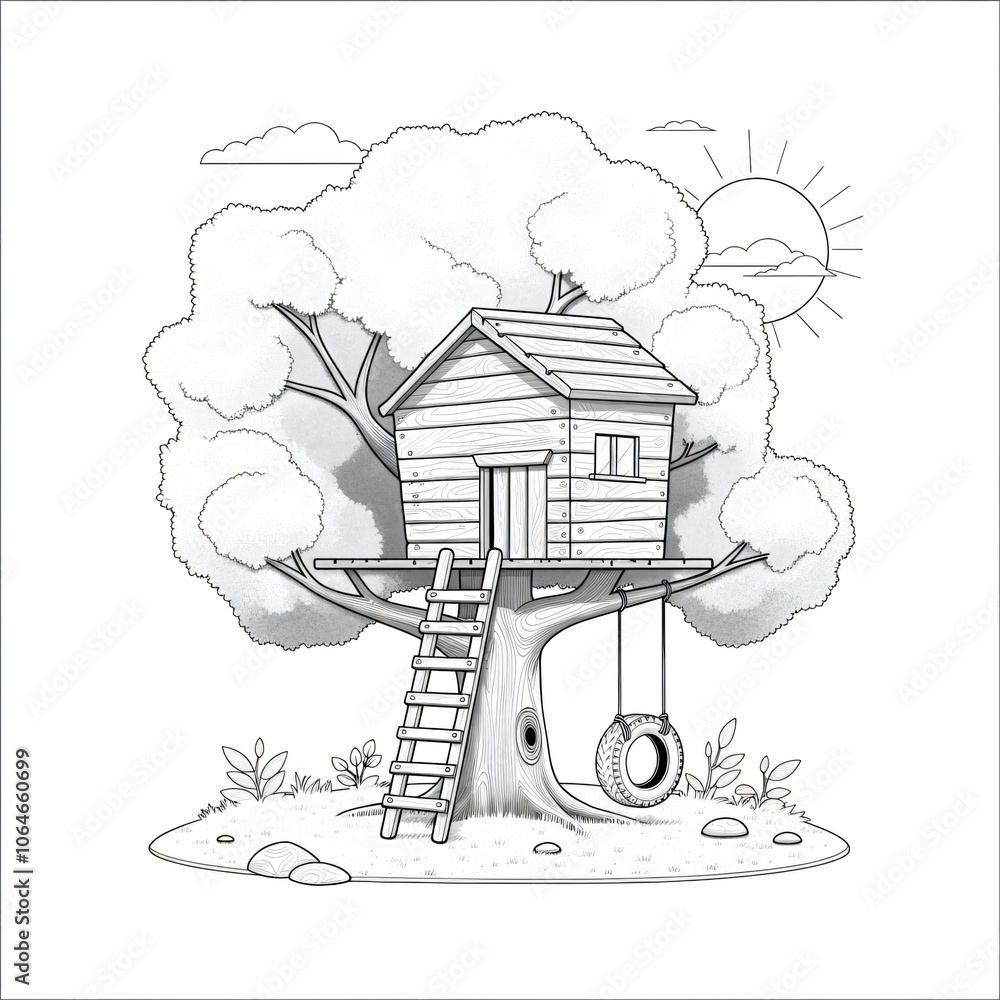 Line drawing of a treehouse in a large tree with a ladder and tire ...