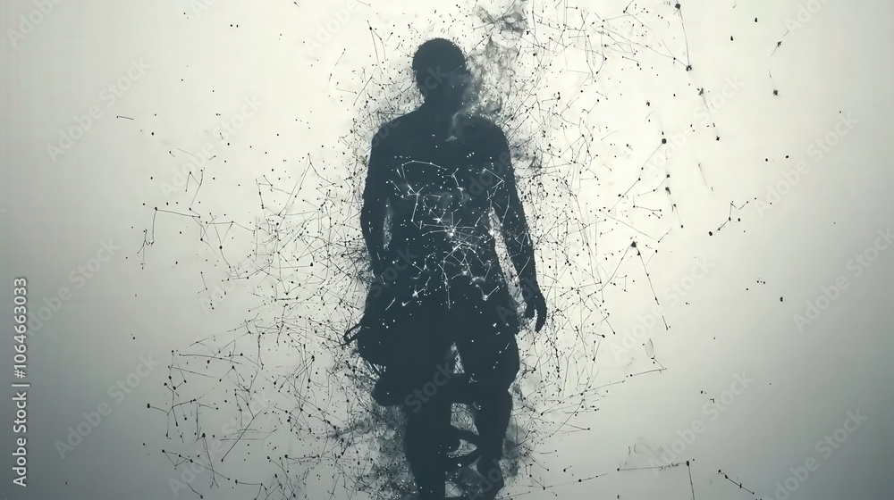 A silhouette of a person dissolving into abstract lines, representing ...