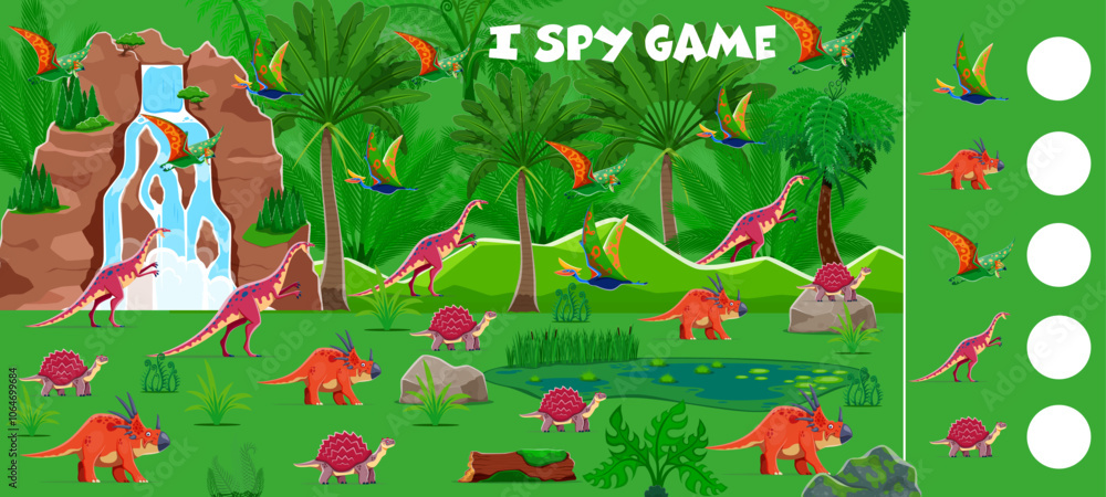 I spy game worksheet with funny prehistoric dinosaurs. Vector riddle ...