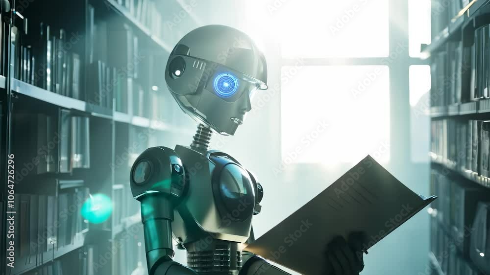 Robot, book, sun, window. Cyborg future technology concept. Robot ...