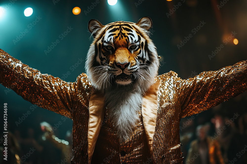 Foto de Circus presenter with a tiger head in a shiny suit in the ...