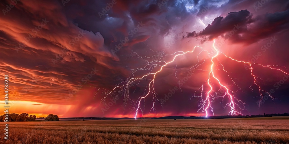 Scary lightning strikes in the dark red sky above the field at night ...