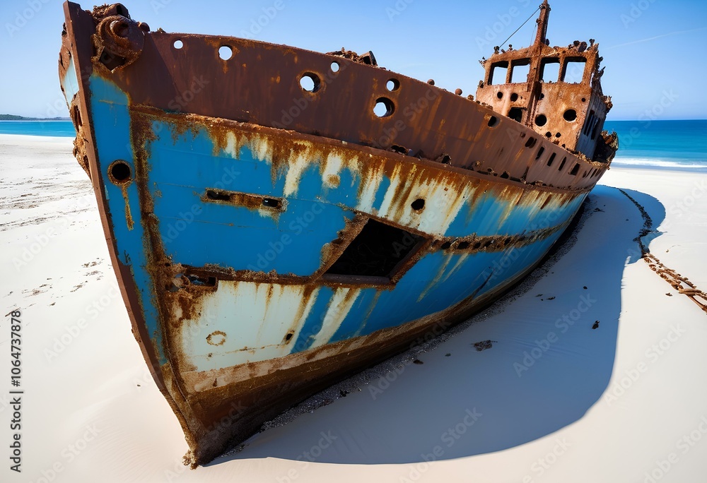 Shipwreck on the beach The ship's hull has rusted metal plates that ...