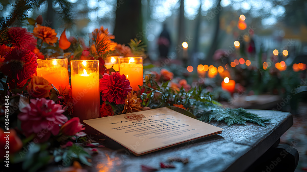 A striking photography of an open funeral service program lying on a ...