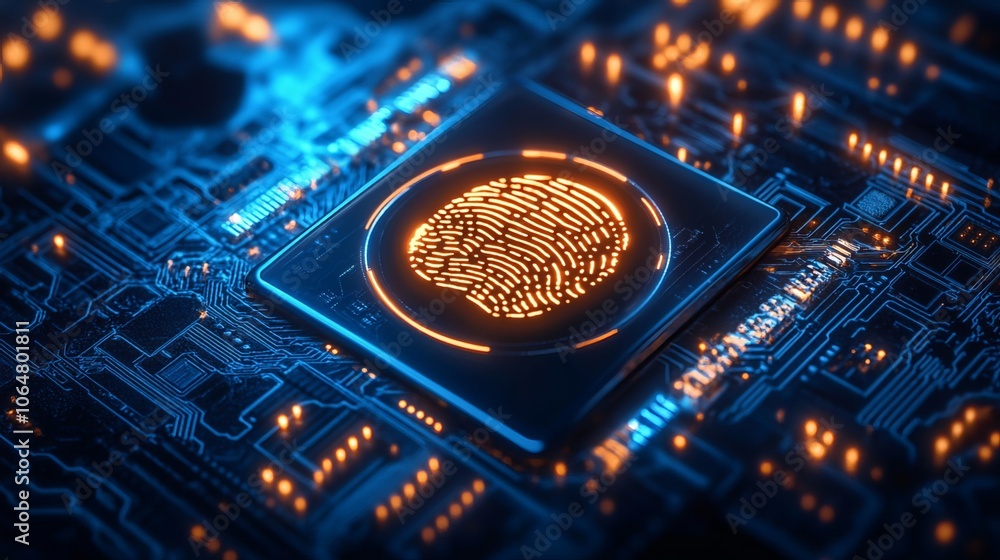 Fingerprint scan with a glowing HUD circle and electronic computer elements enhances biometric ...