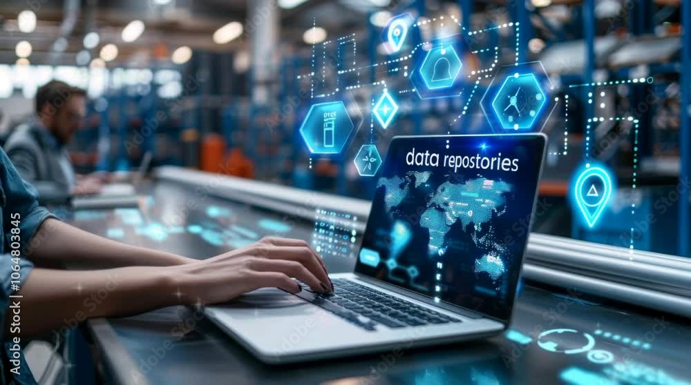 Repositories data in digital screen laptop and world map, for search ...