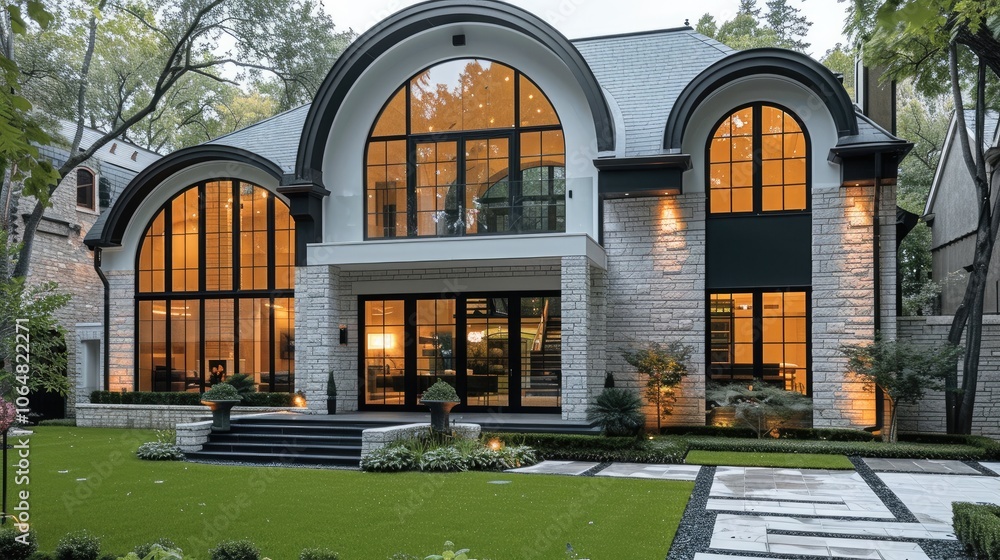 Modern cottage house with limestone facade with arches, modern windows ...