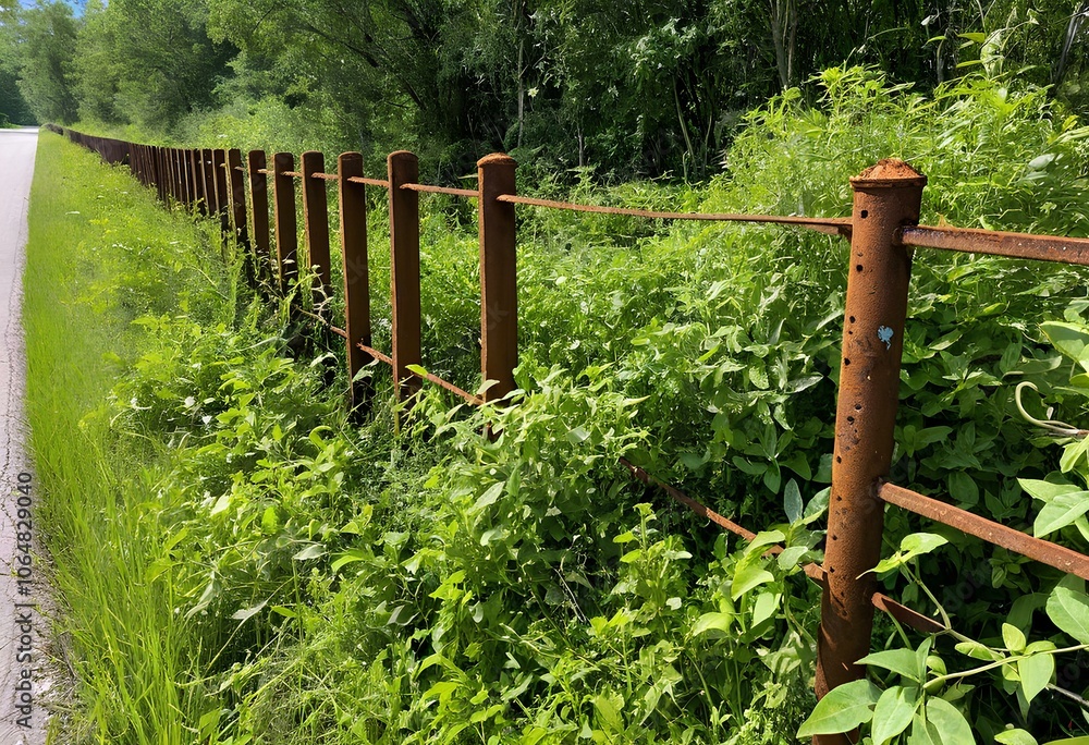 Rusted metal fence along an overgrown road There were holes where rust ...