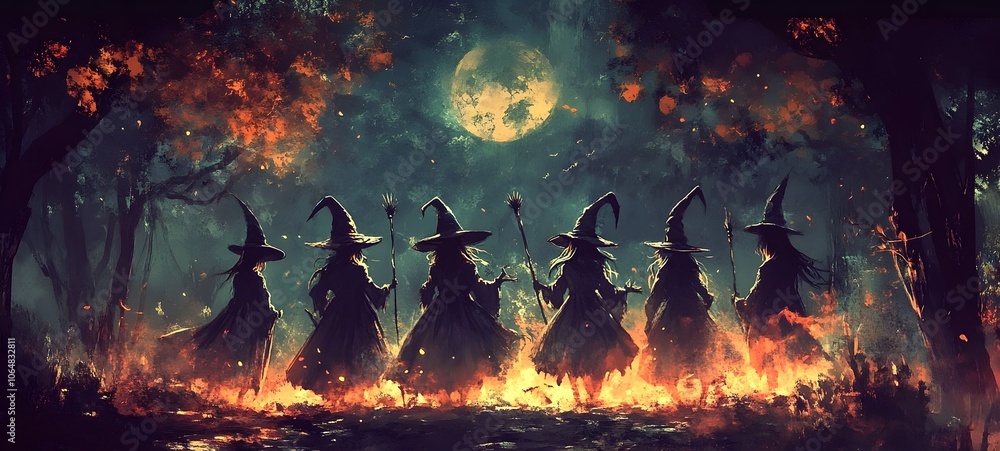 Enchanting coven of witches performing a mysterious ritual in a ...