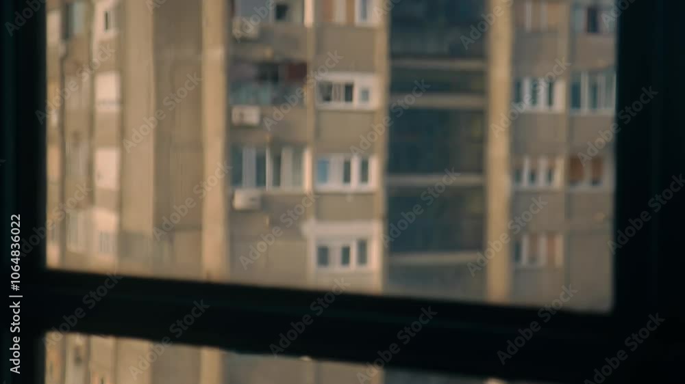 Close-up focus pull from a window frame to reveal the exterior of a ...