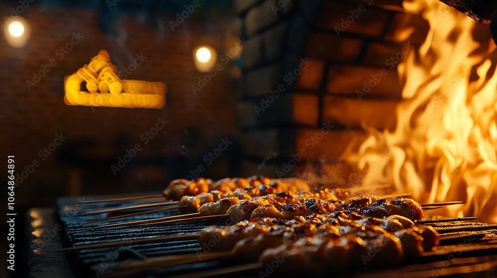 Uzbek tandir kabob sizzling on skewers in a traditional clay oven, with ...