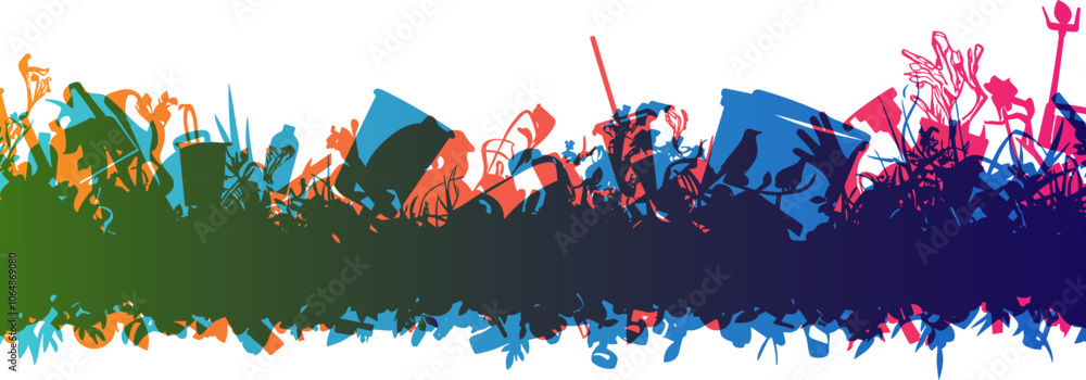 Garbage, trash and wastes vector silhouettes. Horizontal border ...