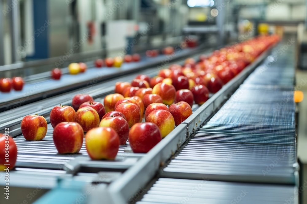 Apples on factory conveyor belt in fruit processing plant showcase ...
