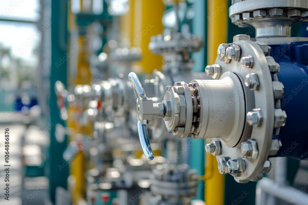 Industrial valves in pipeline system with metal pipes and control ...