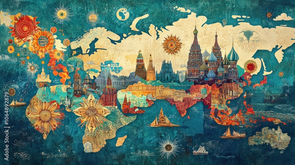 the map of Russia, emphasizing its unique shapes and borders, adorned ...