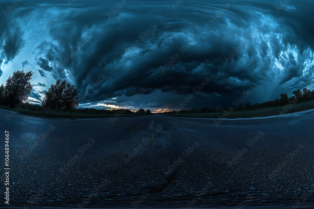 spherical 360 hdri panorama on side of asphalt road with rain storm ...