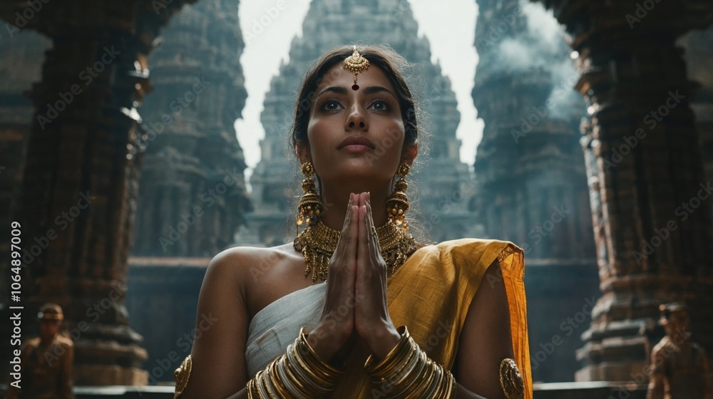 In an ancient temple setting, a person wearing traditional Indian ...
