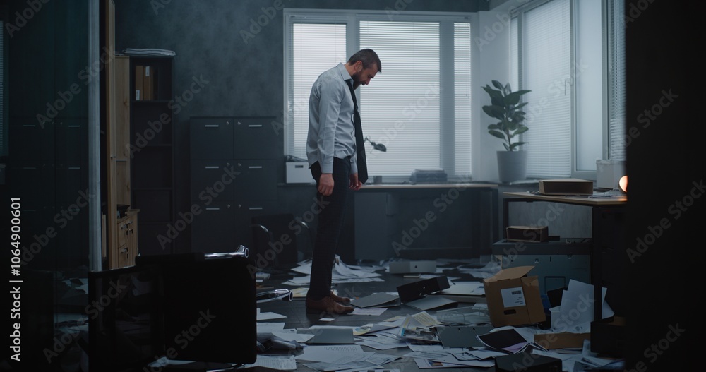 Full shot of aggressive businessman throwing folders and papers off the ...