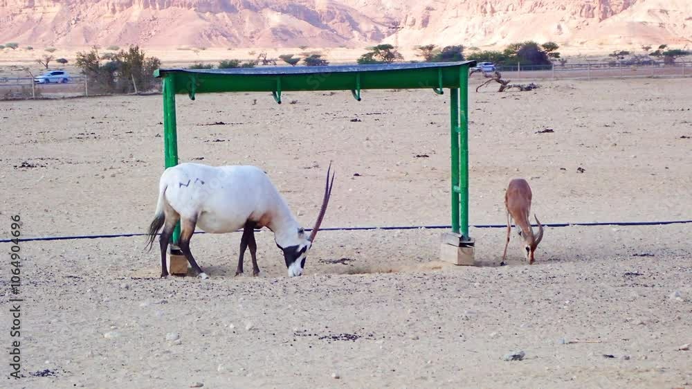 Antelopes Arabian white oryx (Oryx dammah) and Dorcas gazelle (Gazella ...