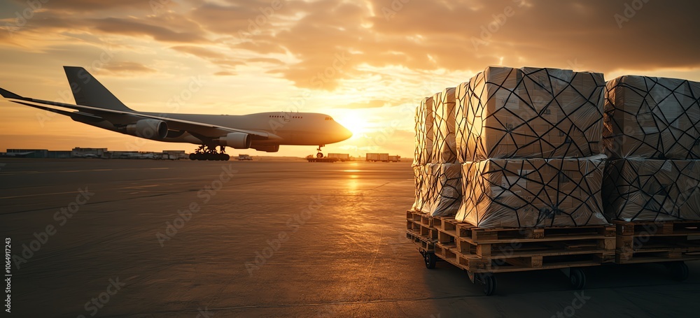 Airplane silhouetted against the sunset, cargo pallets stacked on the ...