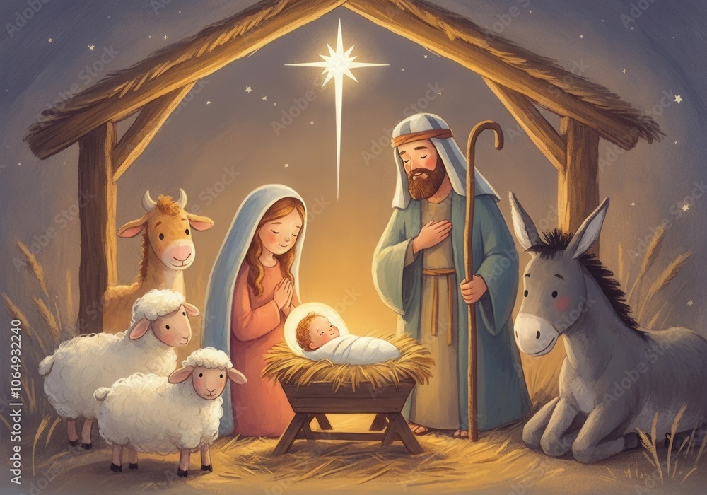 Cartoon illustration of the nativity scene representing the holy family ...