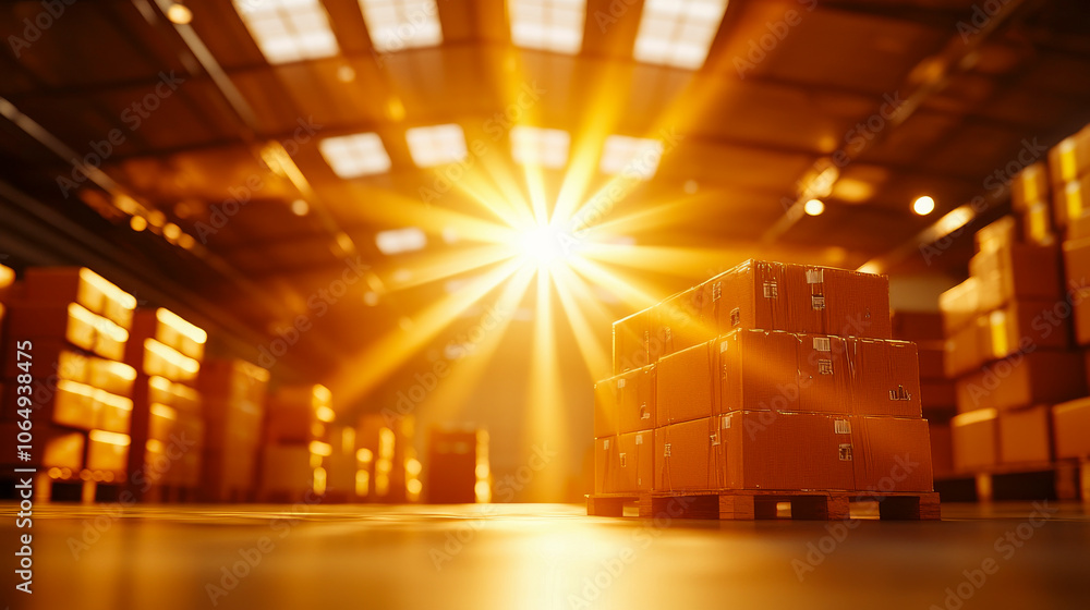 Golden Hour Logistics: Sunbeams illuminate a vast warehouse, stacks of ...