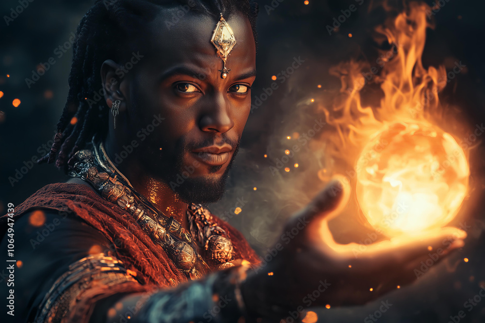 handsome black male , man sorceress casting a fireball spell, fantasy ...