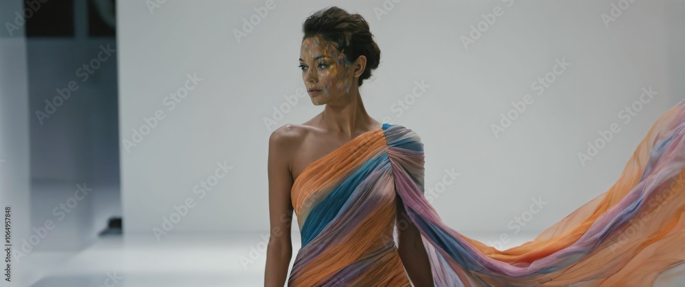 Fashion model in a closeup wearing a dress made of kinetic energy ...
