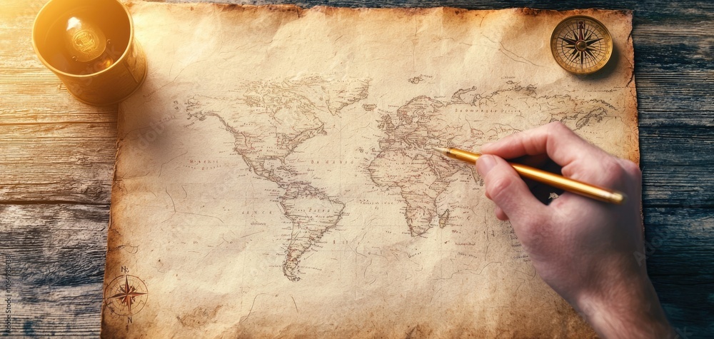 Explorer s hand tracing an old map toward a distant destination, Old ...