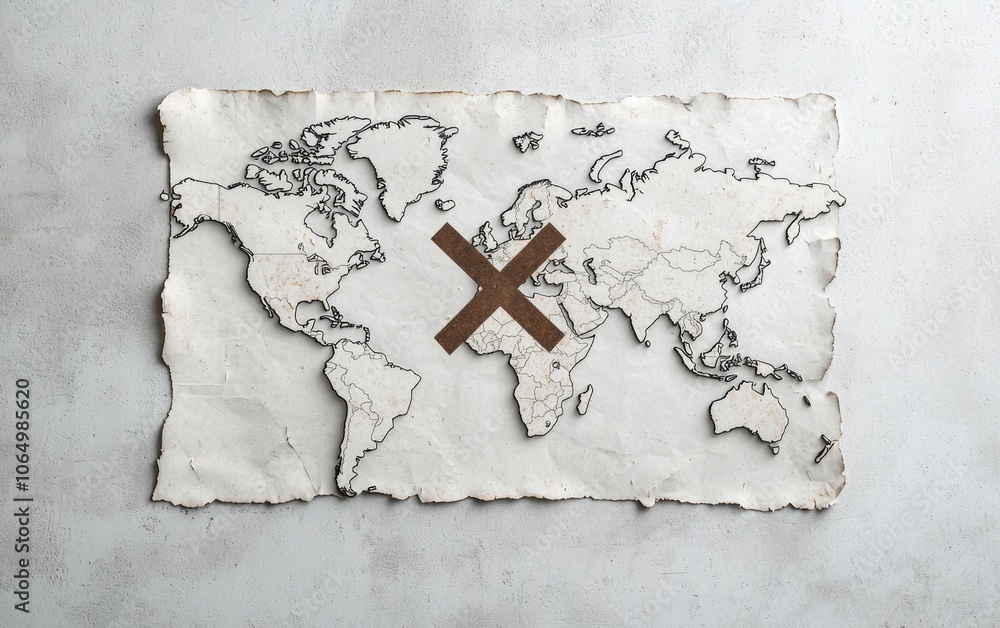 Timeworn world map with a bold X over the final destination, Old map ...