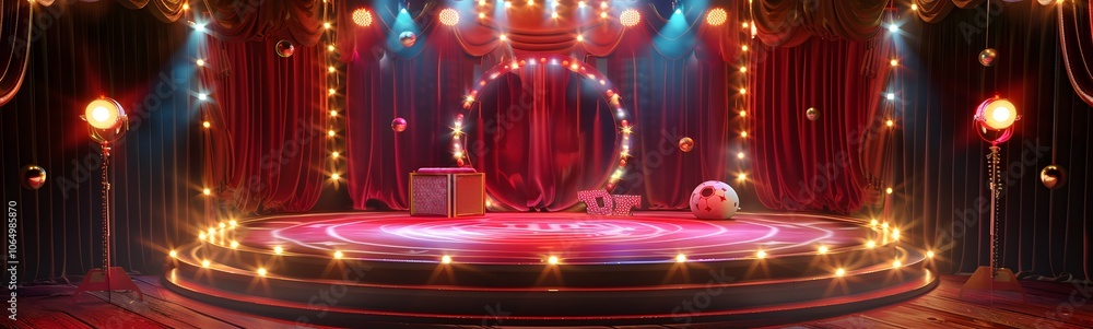 Circus stage podium background 3D carnival light red show curtain ...