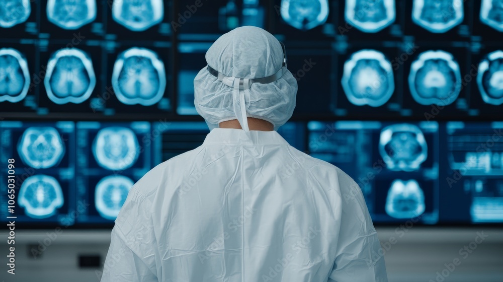 Brain Scan Analysis: Doctor reviewing MRI brain scans on a large screen ...