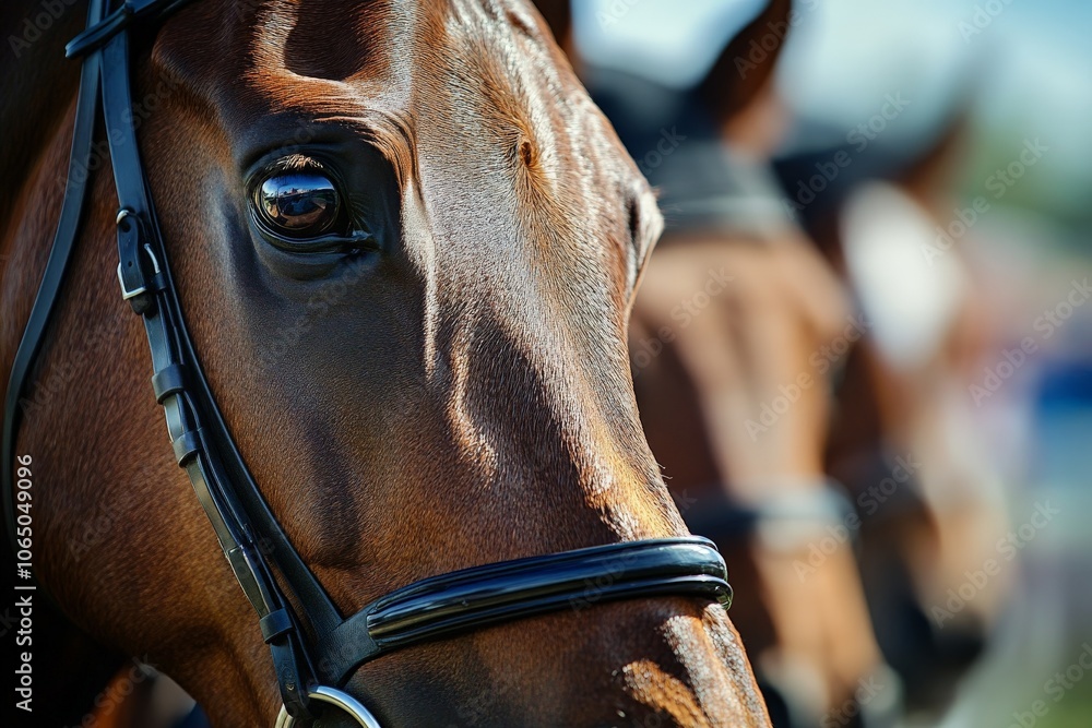 A detailed side profile of a horse's face against a backdrop of other ...