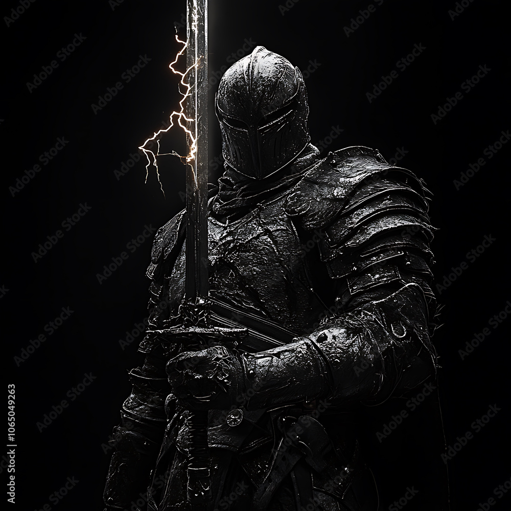 fearsome knight stands undefeated, wielding sword with lightning ...