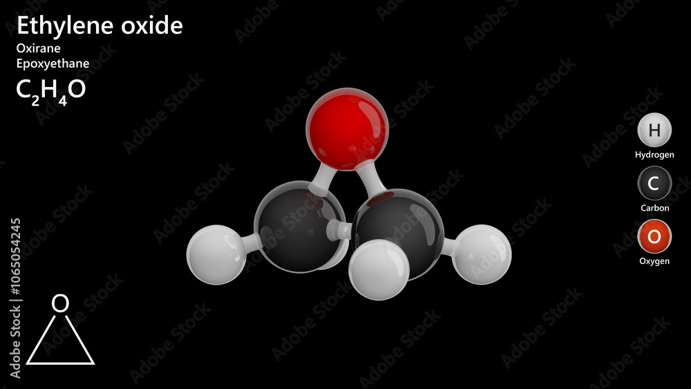 Molecule: Ethylene oxide or Oxirane. Flammable gas. Molecular structure ...