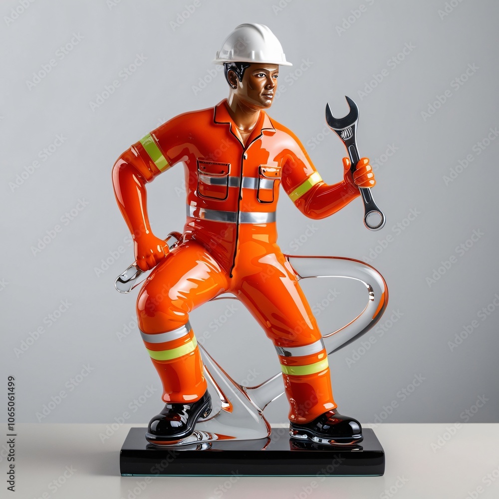 Glass sculpture of professional oil rig worker in orange jumpsuit ...
