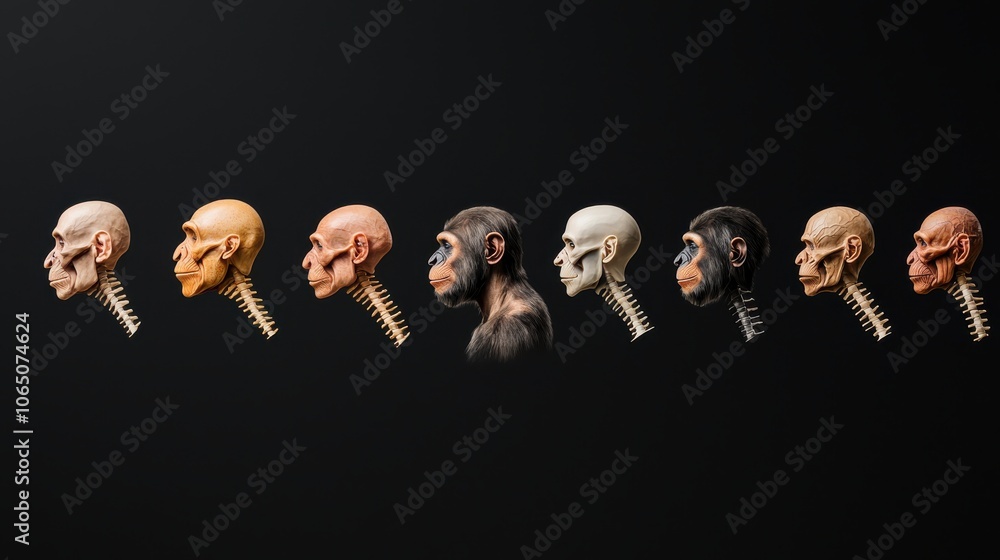 Series of faces in profile depicting evolutionary stages from monkey to ...