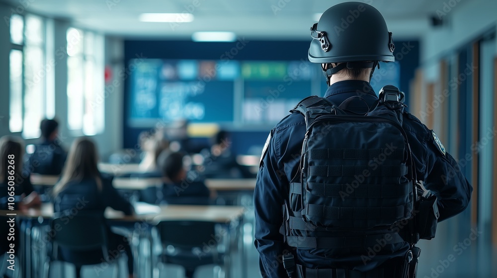 Police officer in tactical gear monitors a classroom, ensuring safety ...