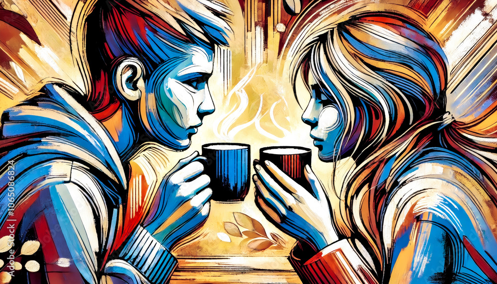 Two people sit across from each other, sharing a warm drink in a ...