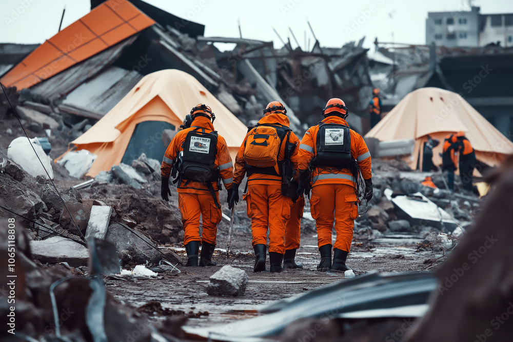 International search and rescue team working together after a natural ...