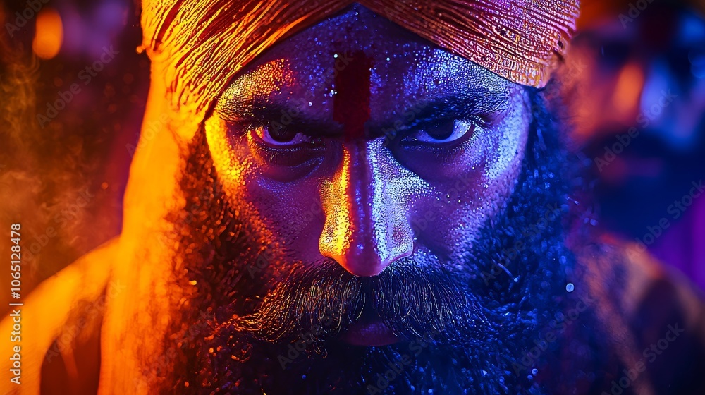 Intense Close-up Portrait of a Bearded Sikh Man with Orange Turban in ...