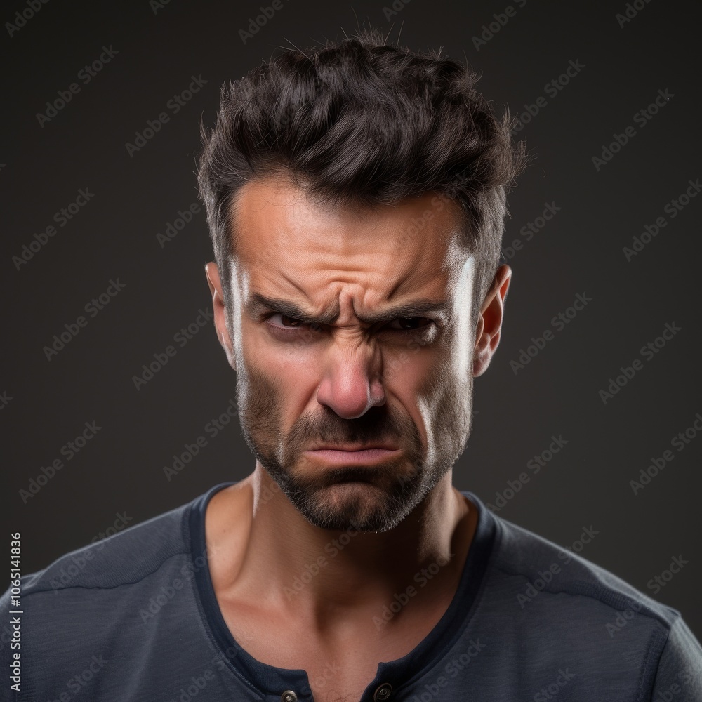 Angry man with a scowl and furrowed brows wearing a casual t shirt on a ...
