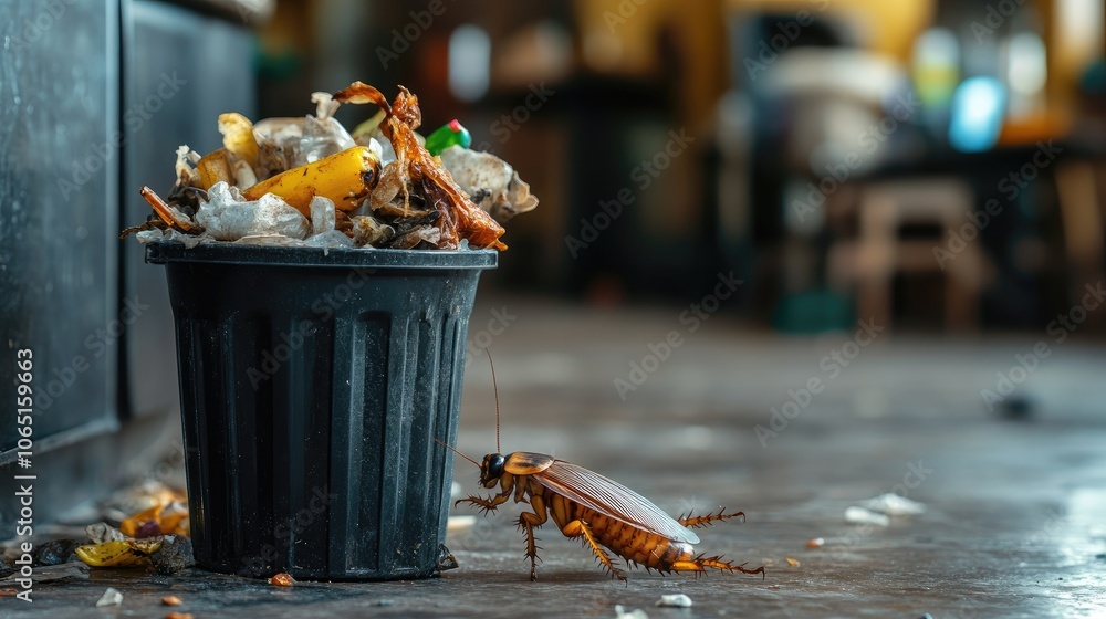 Cockroach near a trash can. This image depicts a cockroach crawling ...