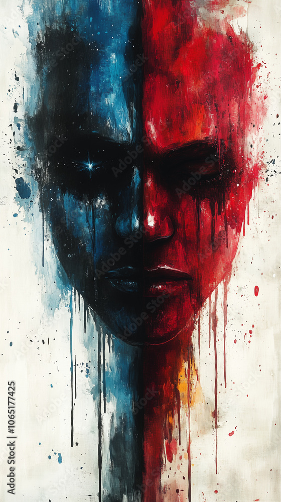 Abstract painting of a face, divided vertically into two halves. The ...