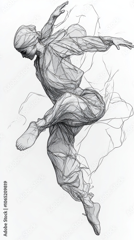 Minimalist line art of dancer leaping joyfully in continuous black ...