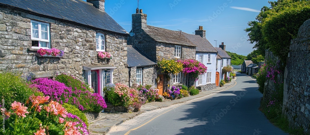 Stone cottages on a narrow street in a charming village lined with pink ...