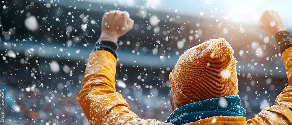 Enthusiastic crowd of fans cheering and raising their arms in a snow ...